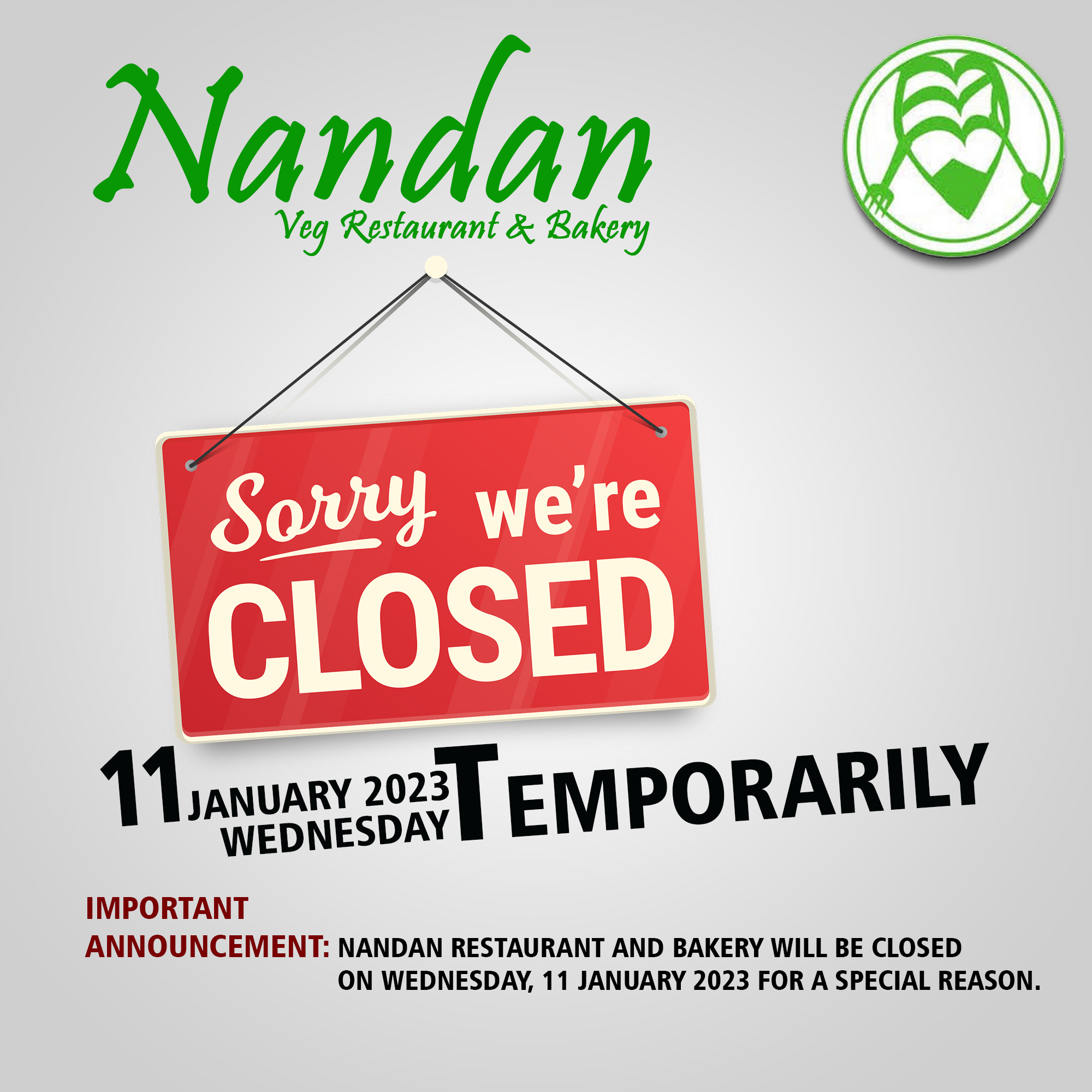 Nandan Restaurant Closing Announcement